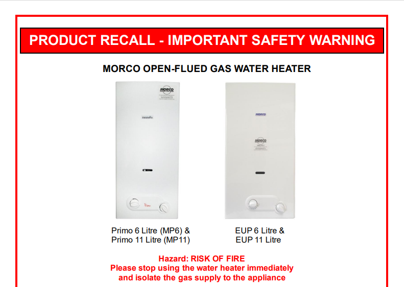 Product Recall – Important Safety Warning: Morco Open Flued Gas Water ...